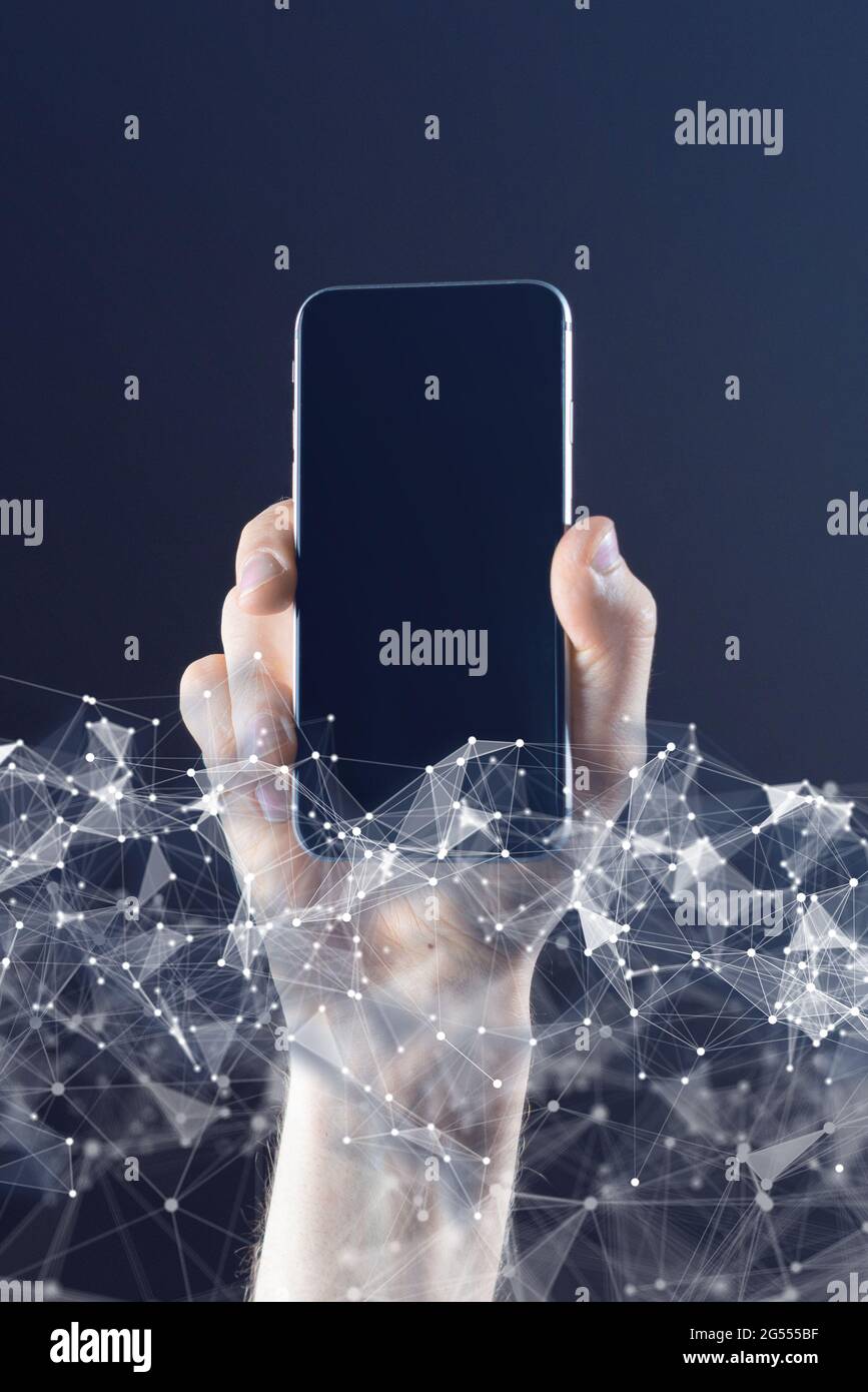 hand holding an abstract smartphone with connection lines Stock Photo ...