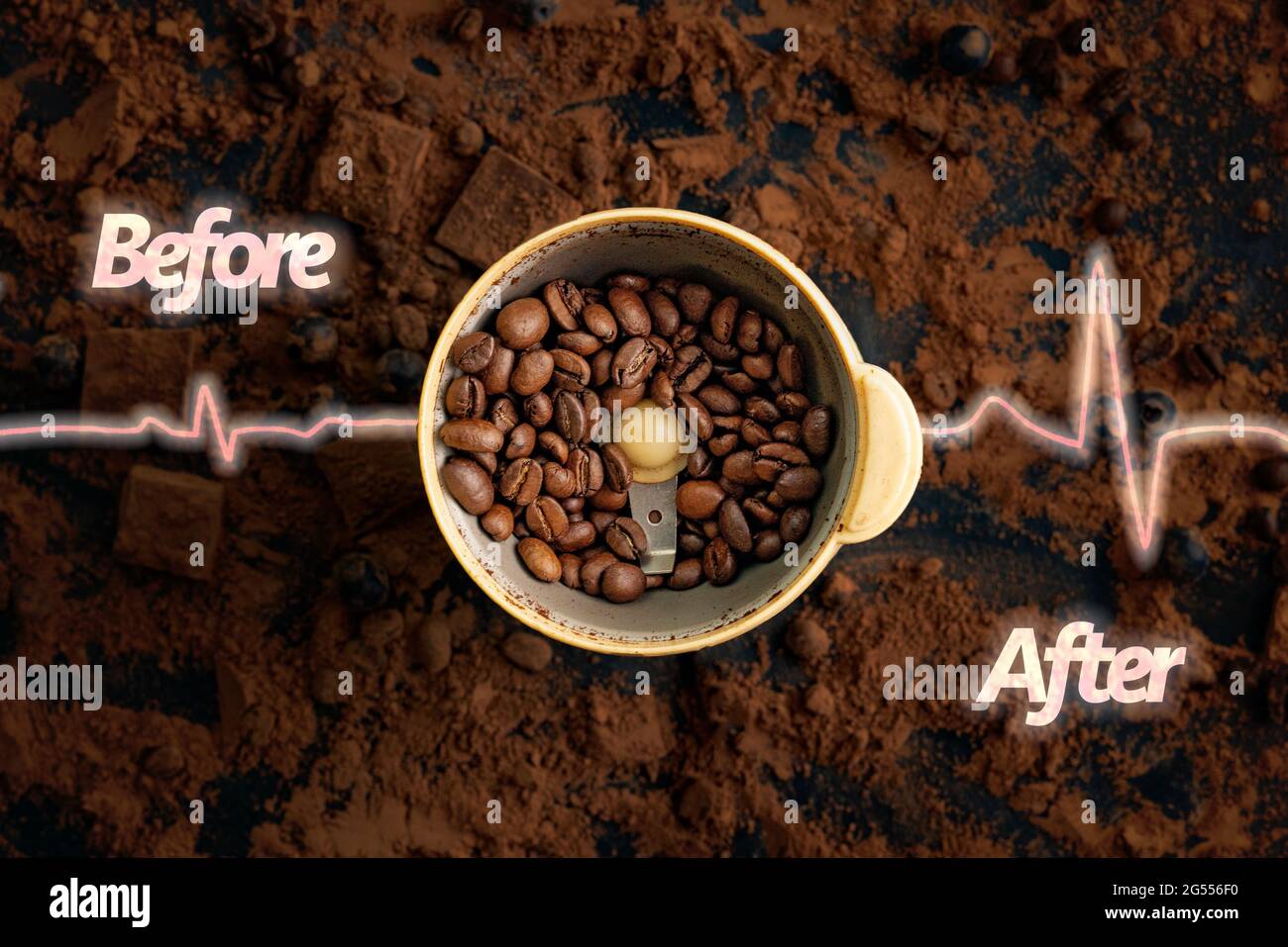 a top view of the hot coffee drink with the ekg electrodiagram lines or ...