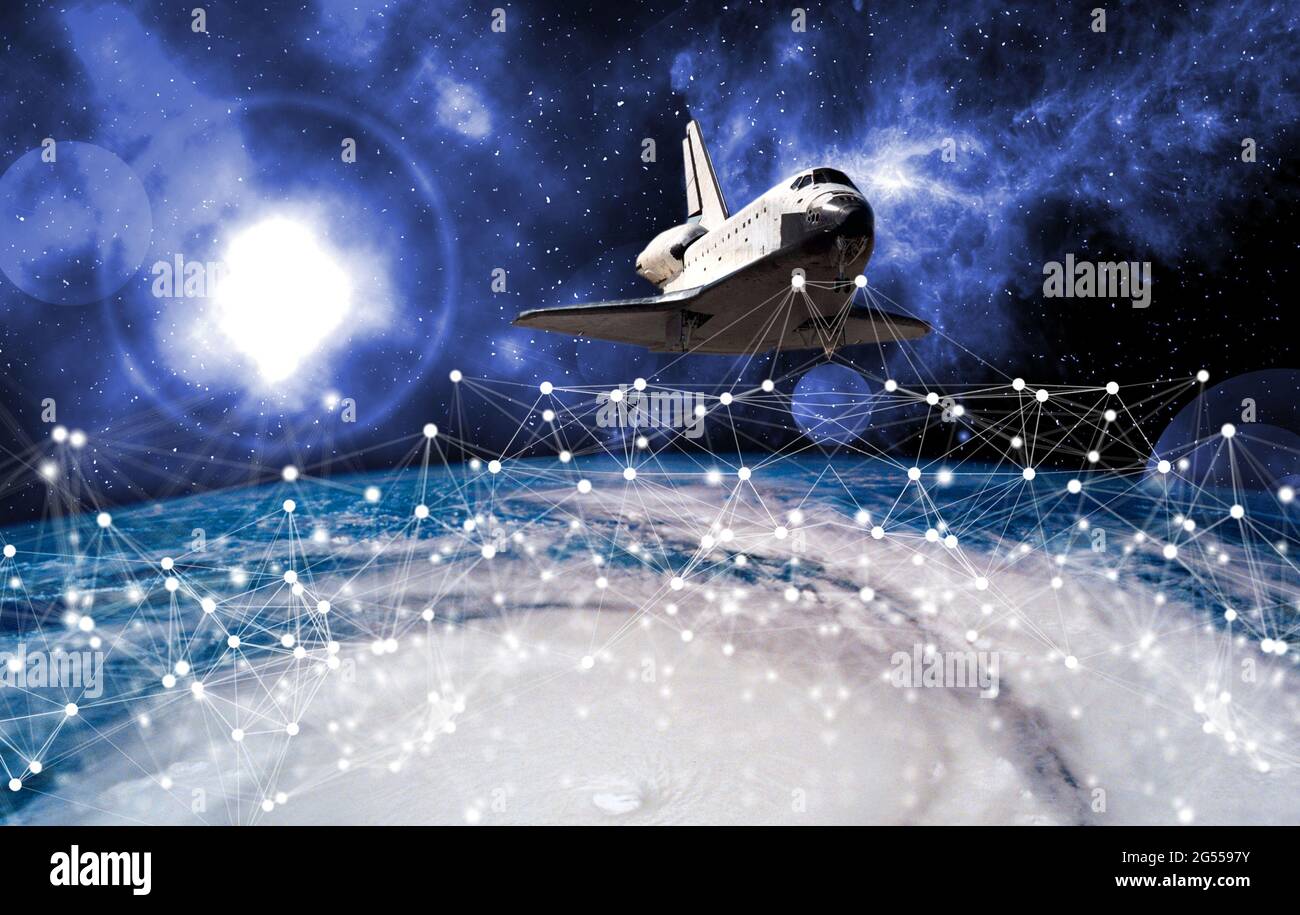 shuttle on the mission in the outer space orbit, lines and dots ...