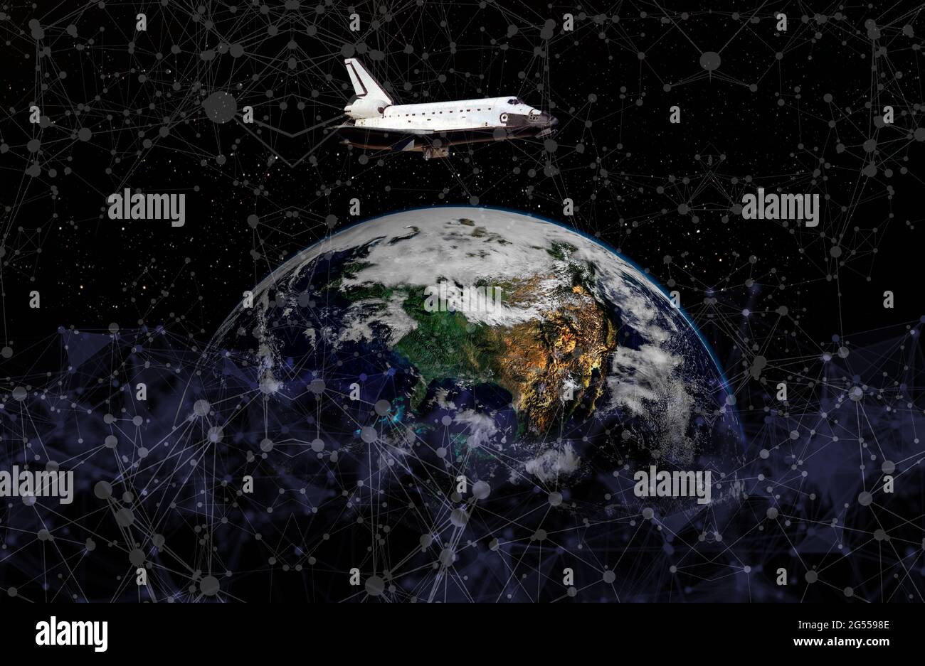 shuttle on the mission in the outer space orbit, lines and dots ...