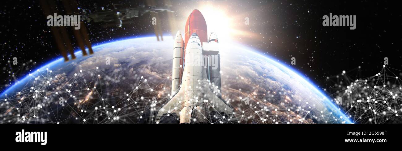 shuttle on the mission in the outer space orbit, lines and dots ...