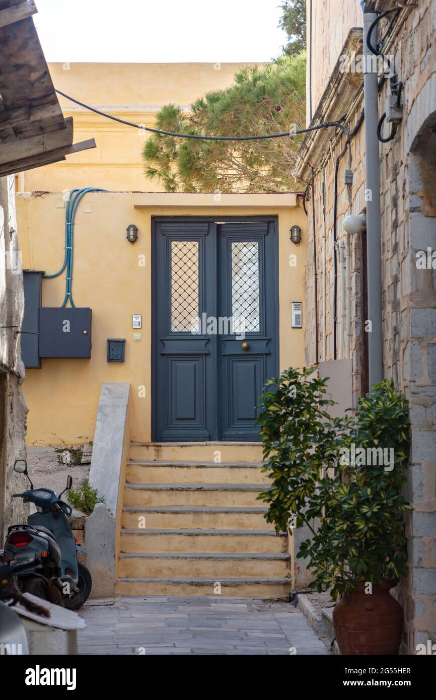 Destination Syros island, Cyclades, Greece. Stone stairs drives to half ...