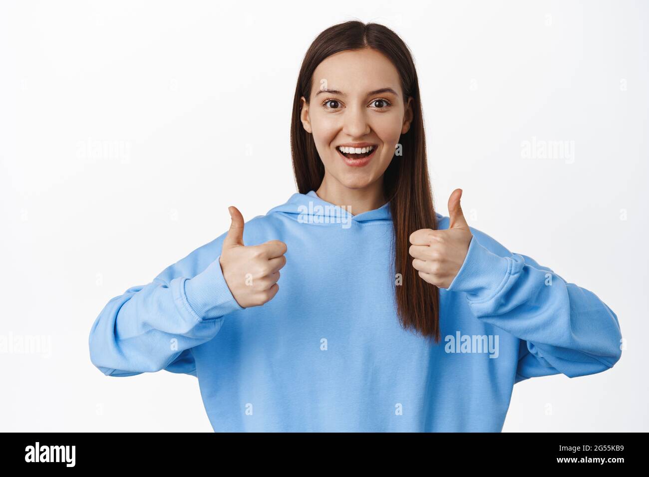Yes, very good. Smiling woman shows support, satisfied, leave positive ...