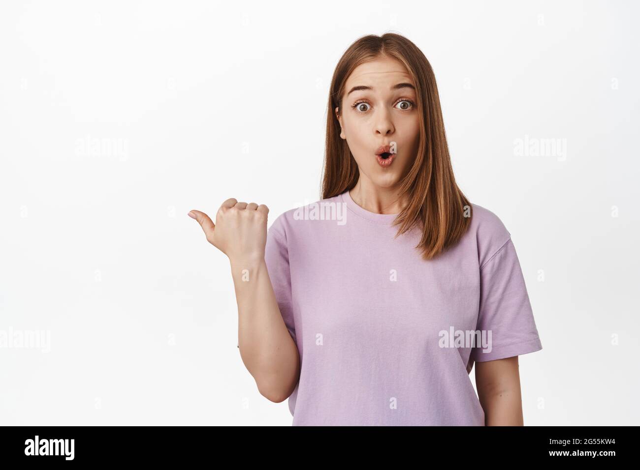 Image of impressed natural girl gasp, look astonished by promo deal ...