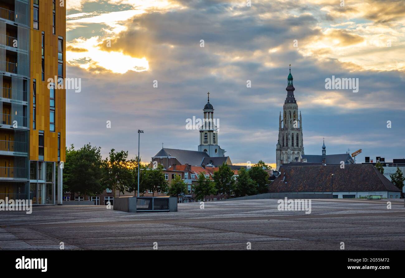 Skyline of Breda with two churches by the sunset Stock Photo - Alamy
