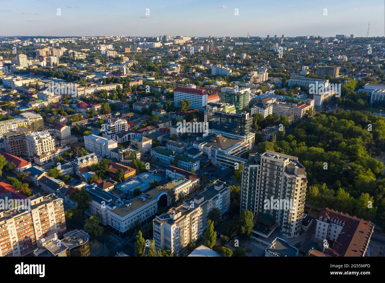 Aerial view over center of Chisinau, capital of Moldova, at sunset ...