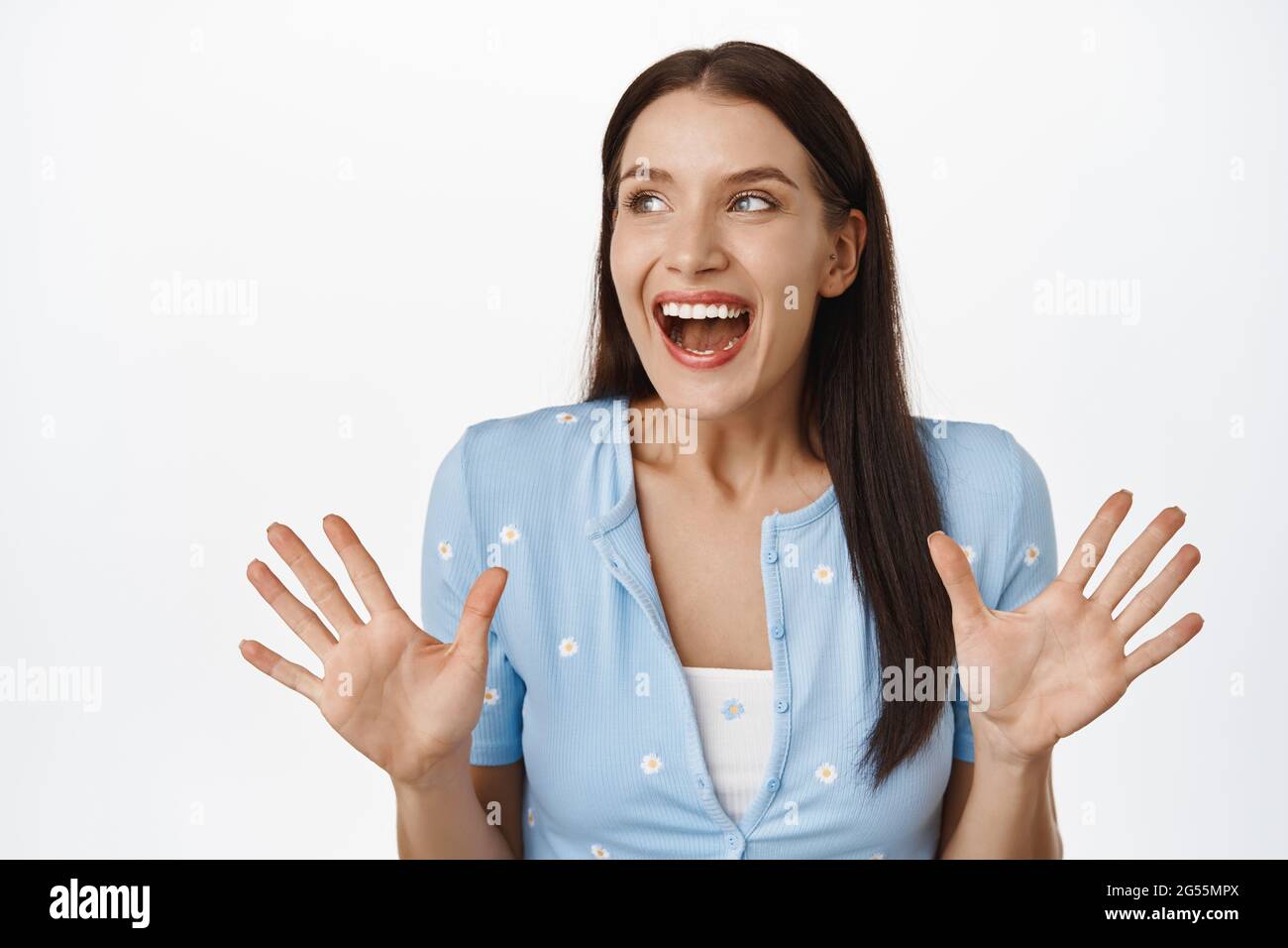 Real emotions. Excited and surprised adult woman shouting from joy ...