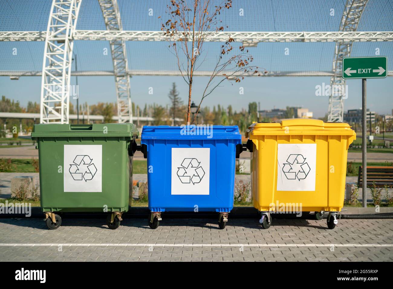 sorting the garbage waste, three color trash urns in the city ...