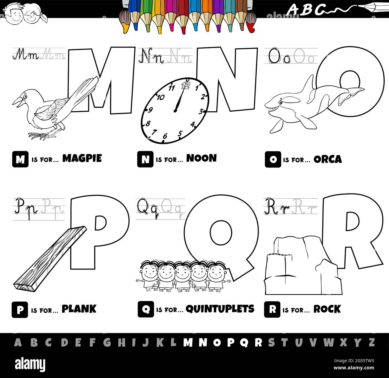 Black and white cartoon illustration of capital letters from alphabet ...