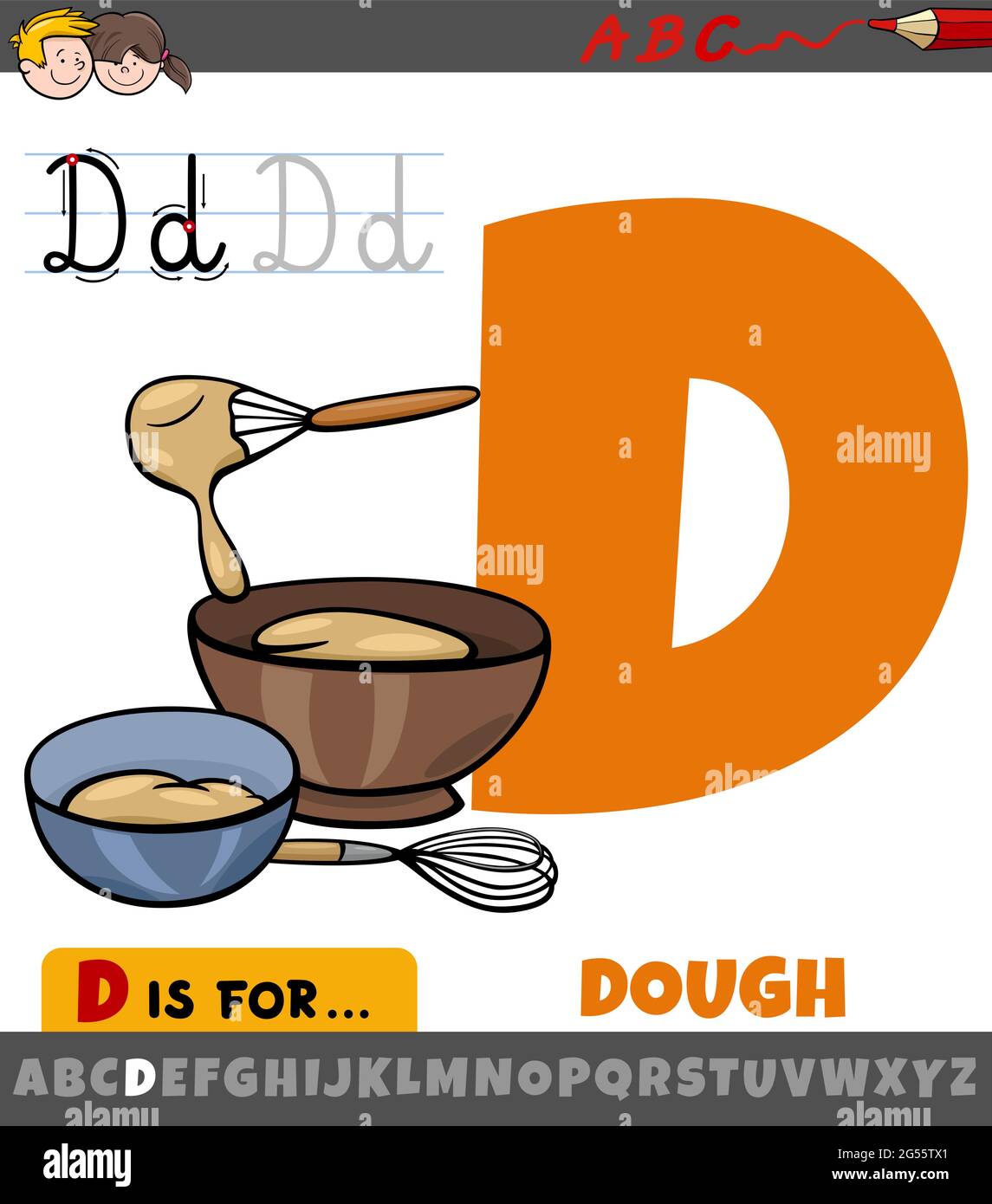 Educational cartoon illustration of letter D from alphabet with dough ...