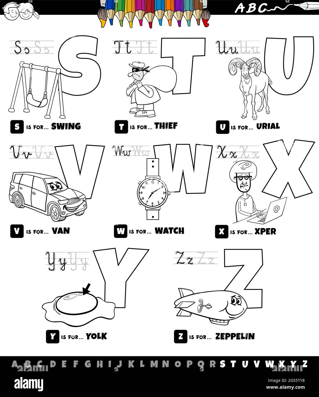Black and white cartoon illustration of capital letters alphabet ...