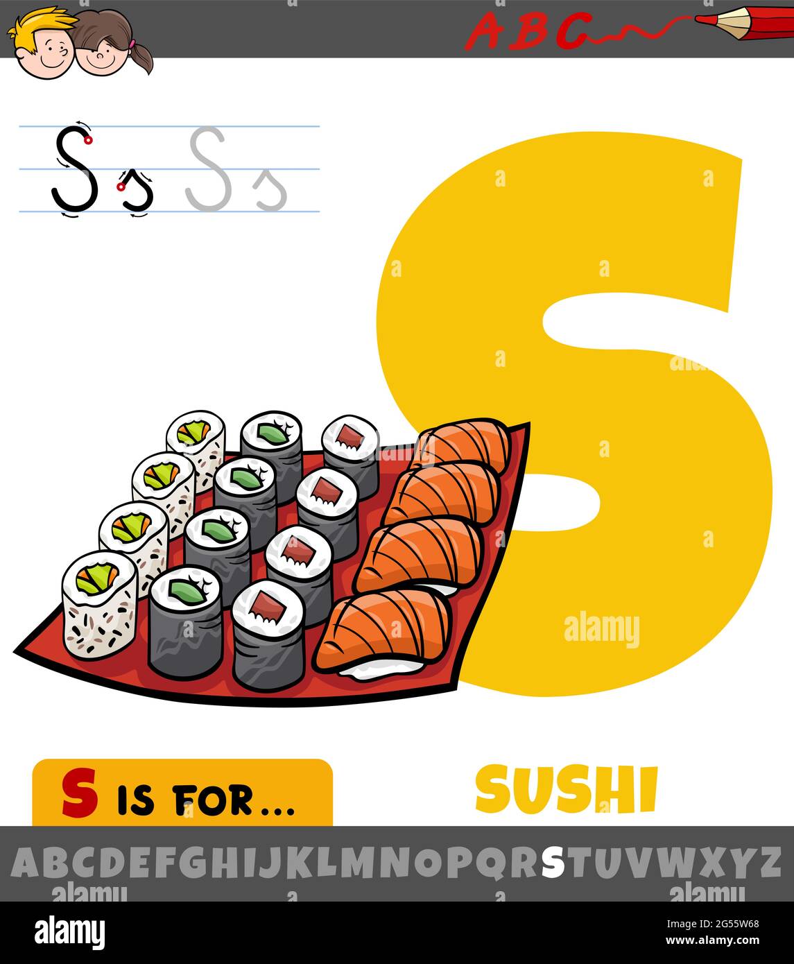 Educational cartoon illustration of letter S from alphabet with sushi ...