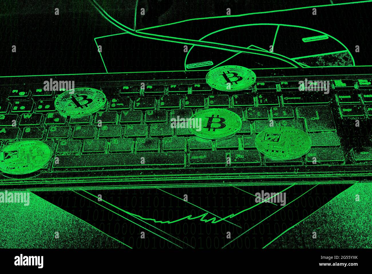 Abstract black background on which there is a keyboard and green colored graphs and binary ...