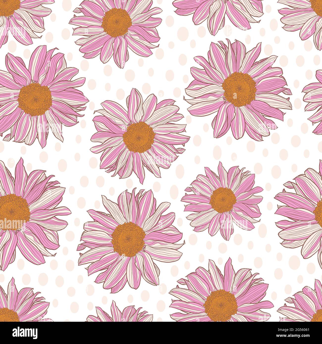 Seamless pattern of white-pink daisies with yellow center and light ...