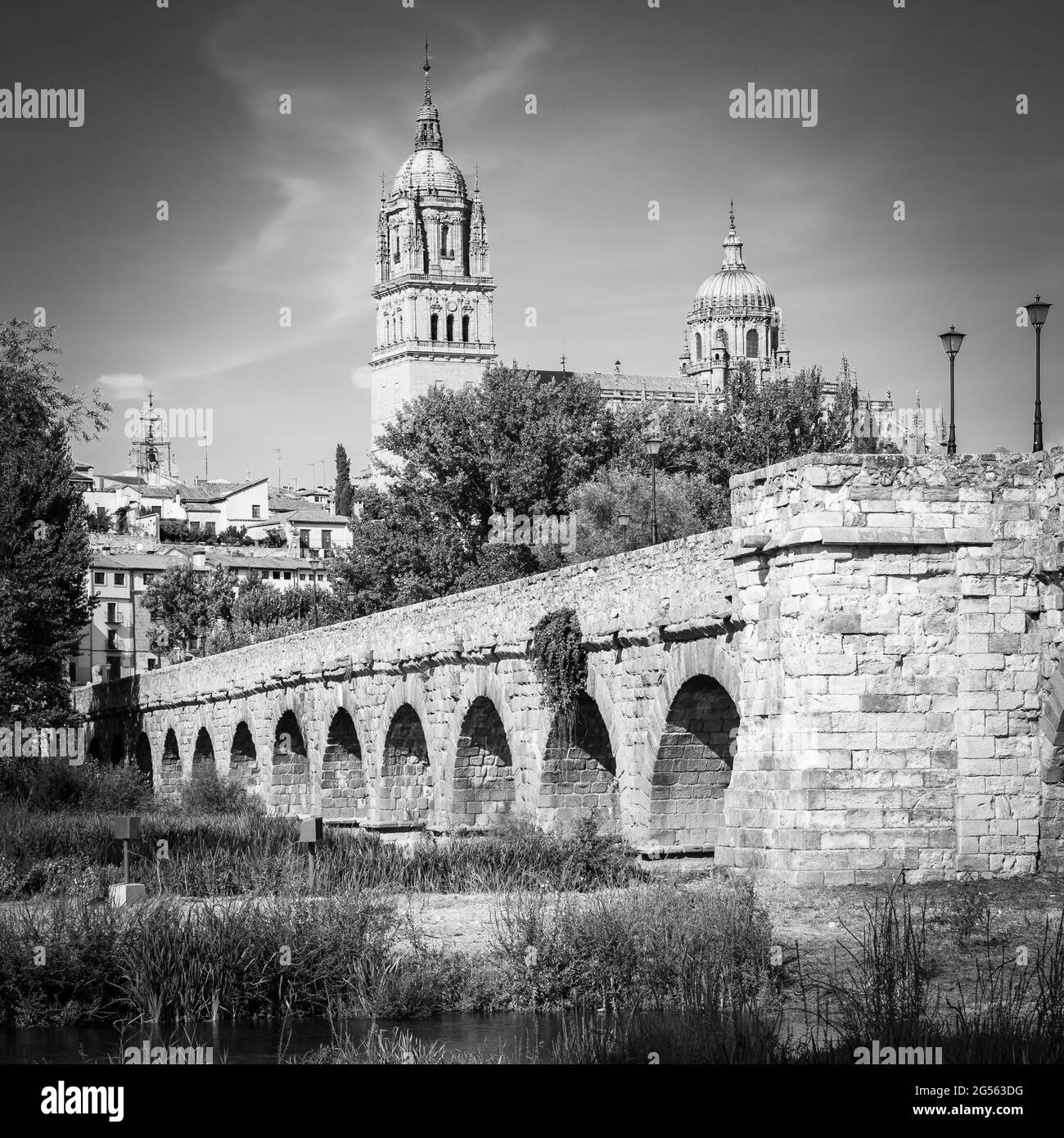 Roman bridge and Cathedral in Salamanca, Spain. Black and white ...
