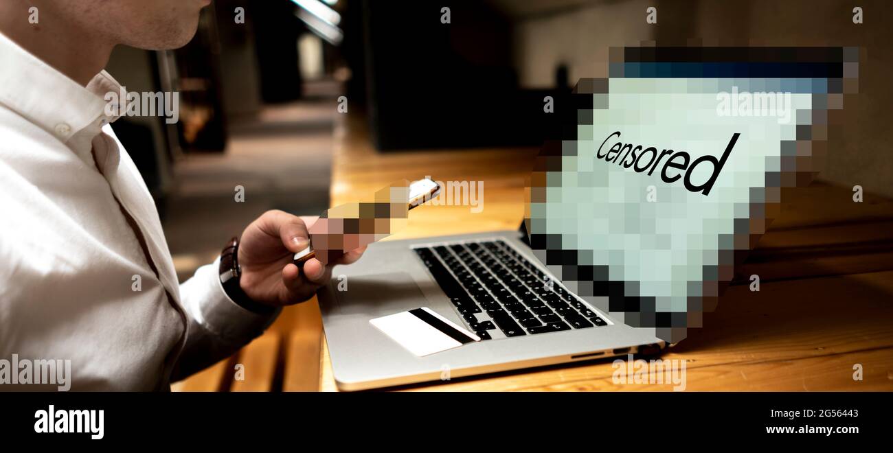 the modern device gadget screen censored, covered by pixels blur Stock ...