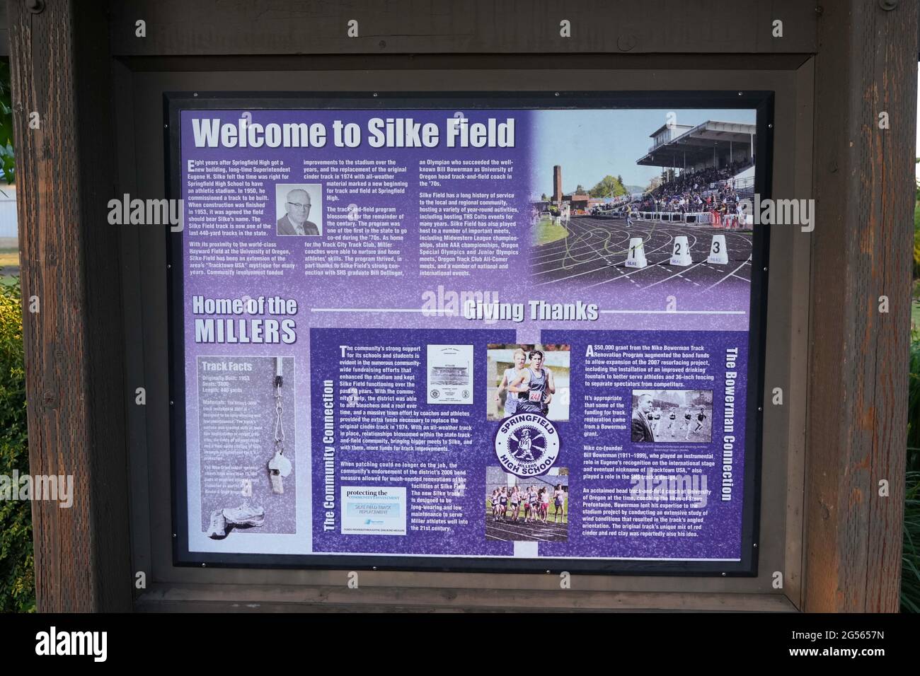 A historical display sign at Silke Field on the campus of Springfield ...