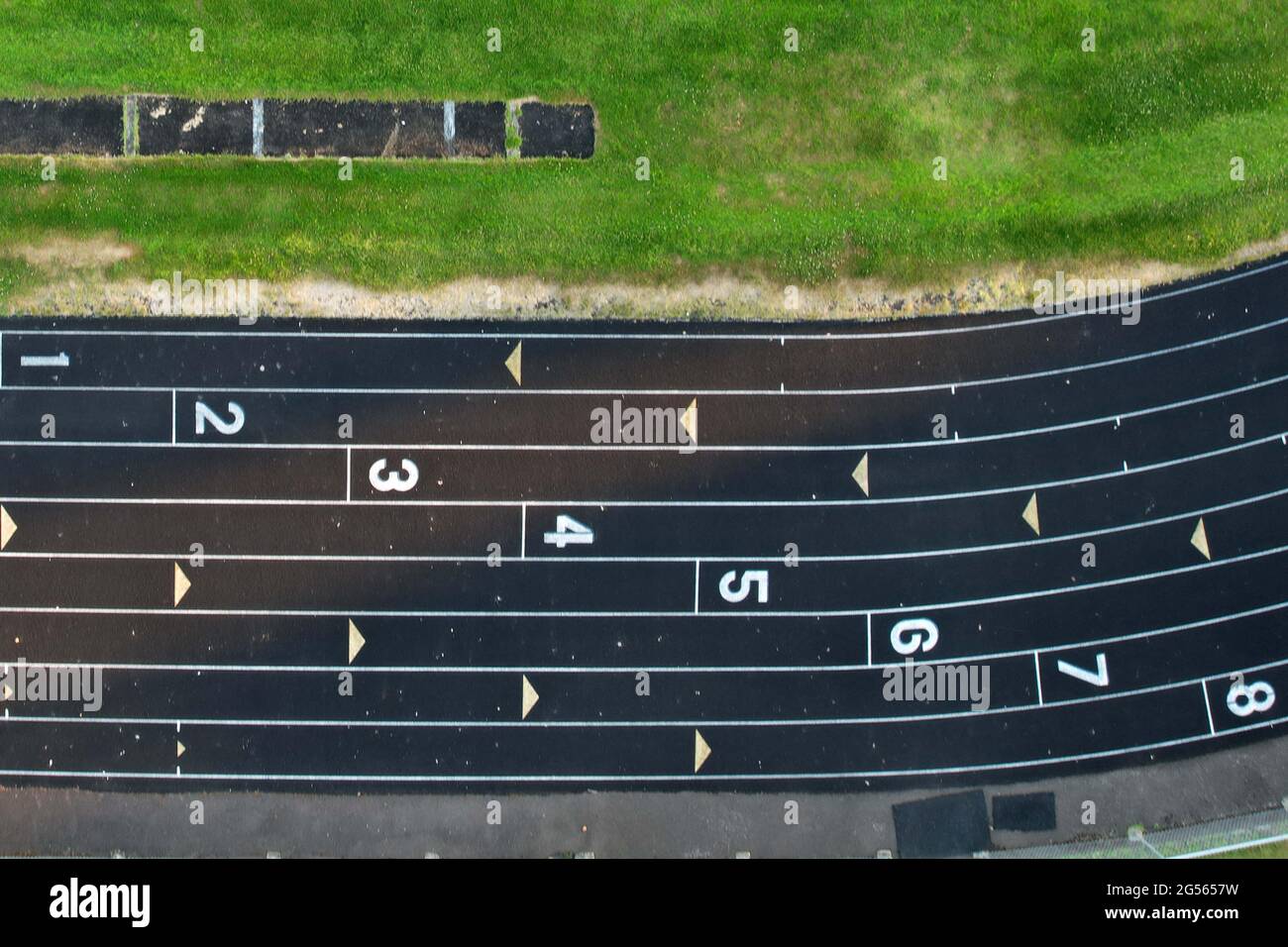 An aerial view of the track lanes at Silke Field on the campus of ...