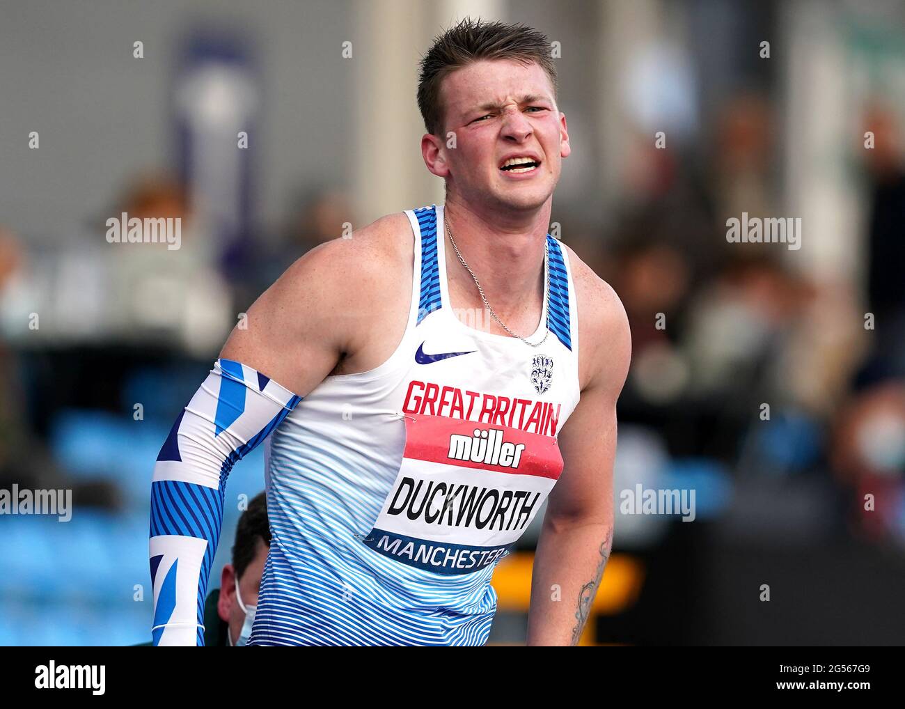 Tim Duckworth appears in pain during the men's 400m decathlon 2nd heat ...