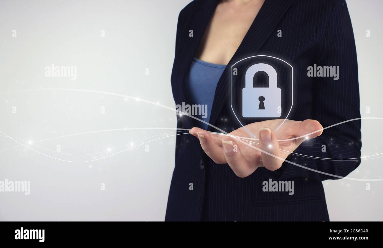 Data protection, cyber security concept. Hand hold digital hologram ...
