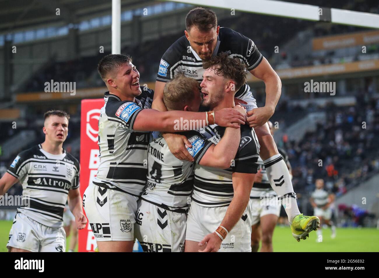 Jack Logan (30) of Hull FC celebrates his try with team mates Stock ...