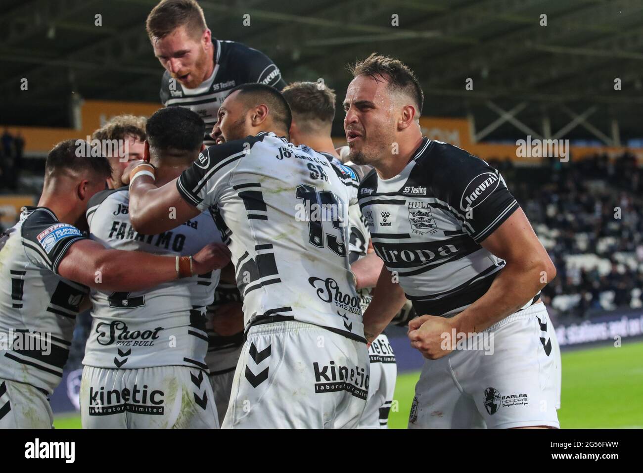 Connor Wynne (23) of Hull FC celebrates his try with team mates Stock ...