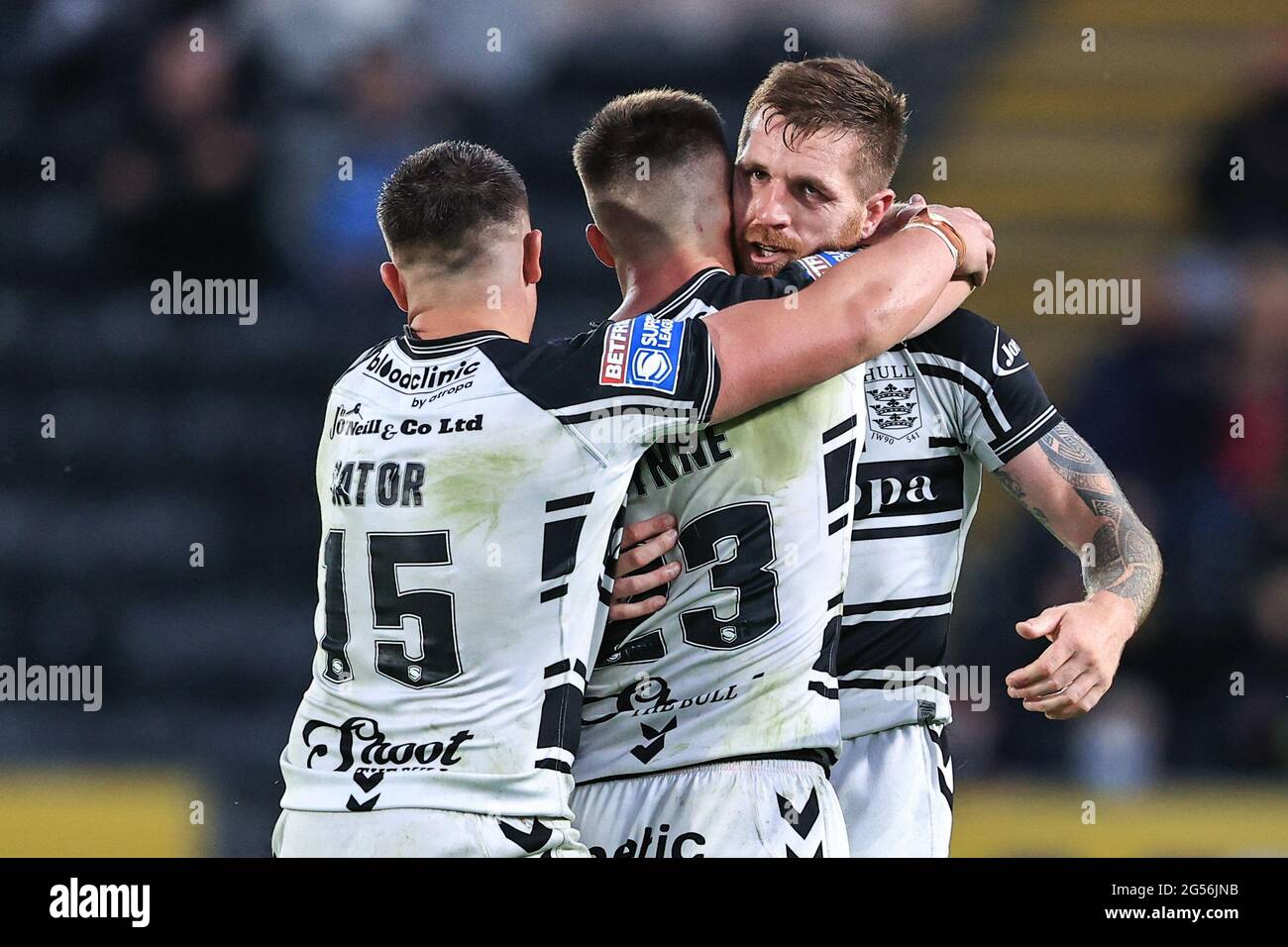 Marc Sneyd (7) of Hull FC celebrates kicking a drop-gaol that puts ...