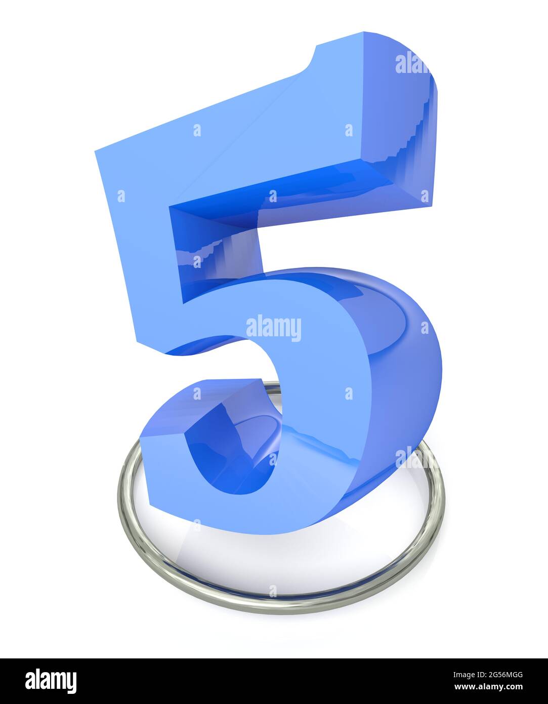 Number 5 blue over metallic circle on white background - 3D rendering ...