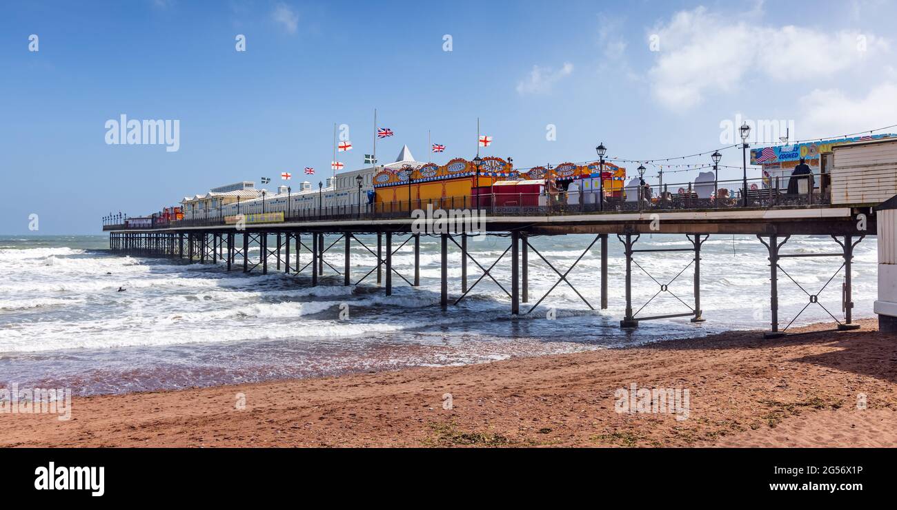 Paignton Pier on a blustery spring day in south Devon. The 780 feet ...