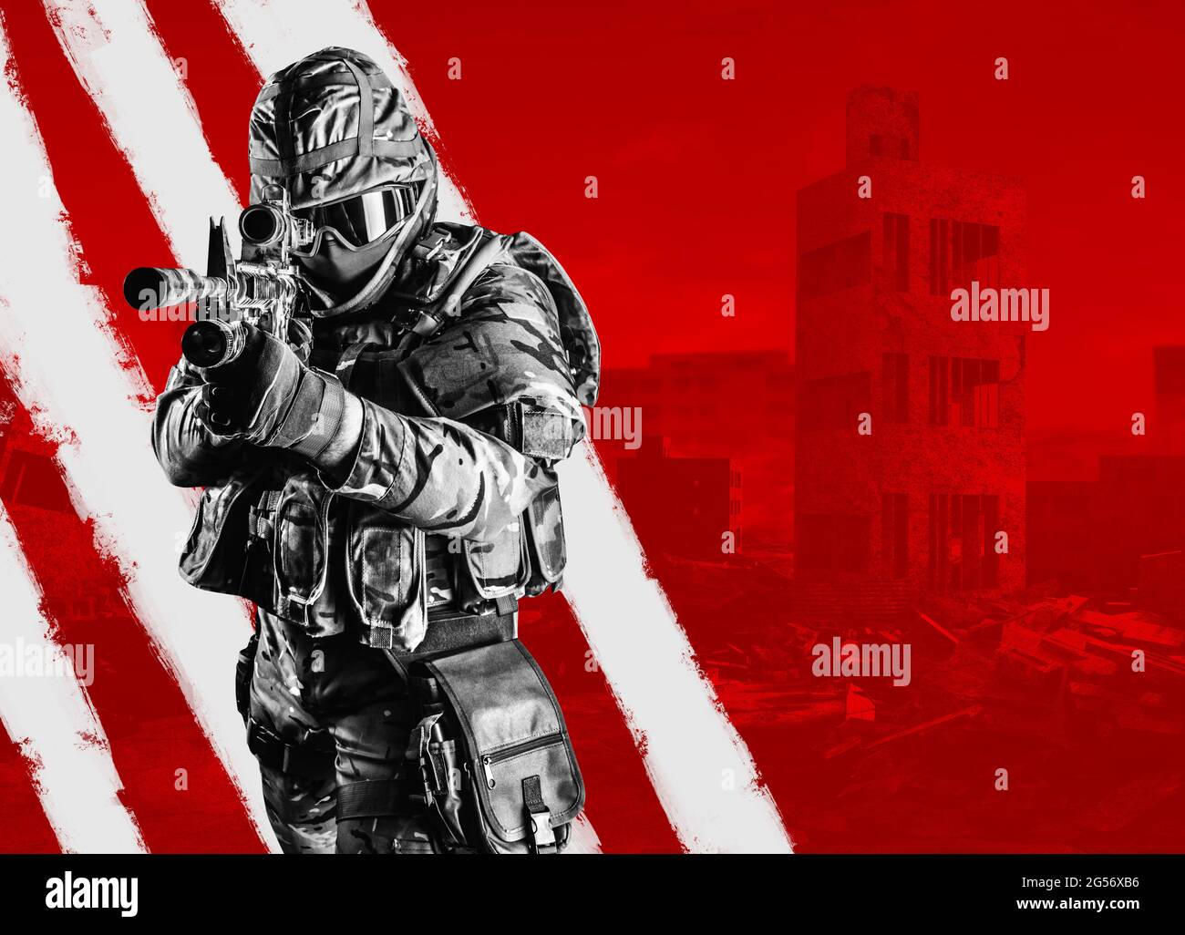 Photo of military soldier in ammunition armored clothing aiming rifle ...