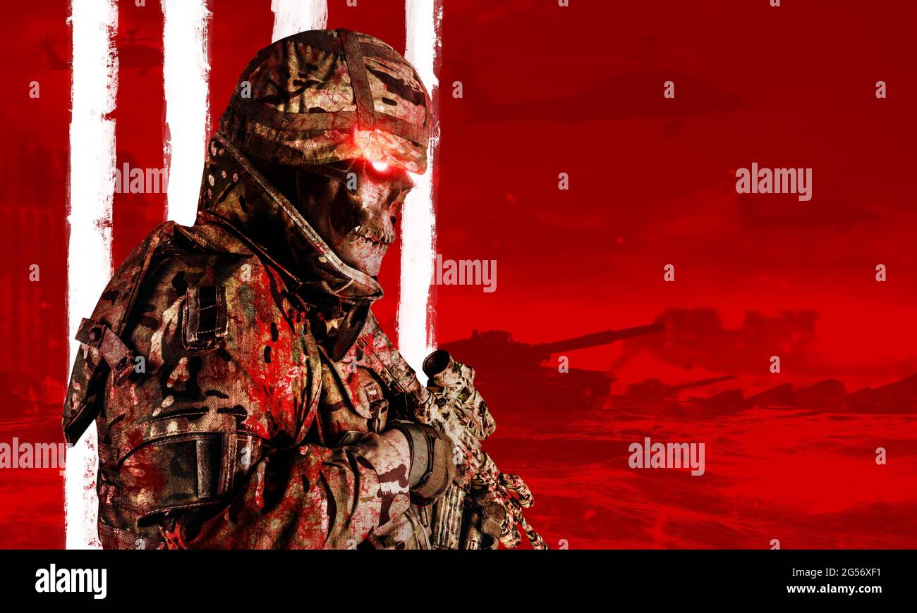 Photo of armored undead zombie soldier standing with rifle on red toned ...