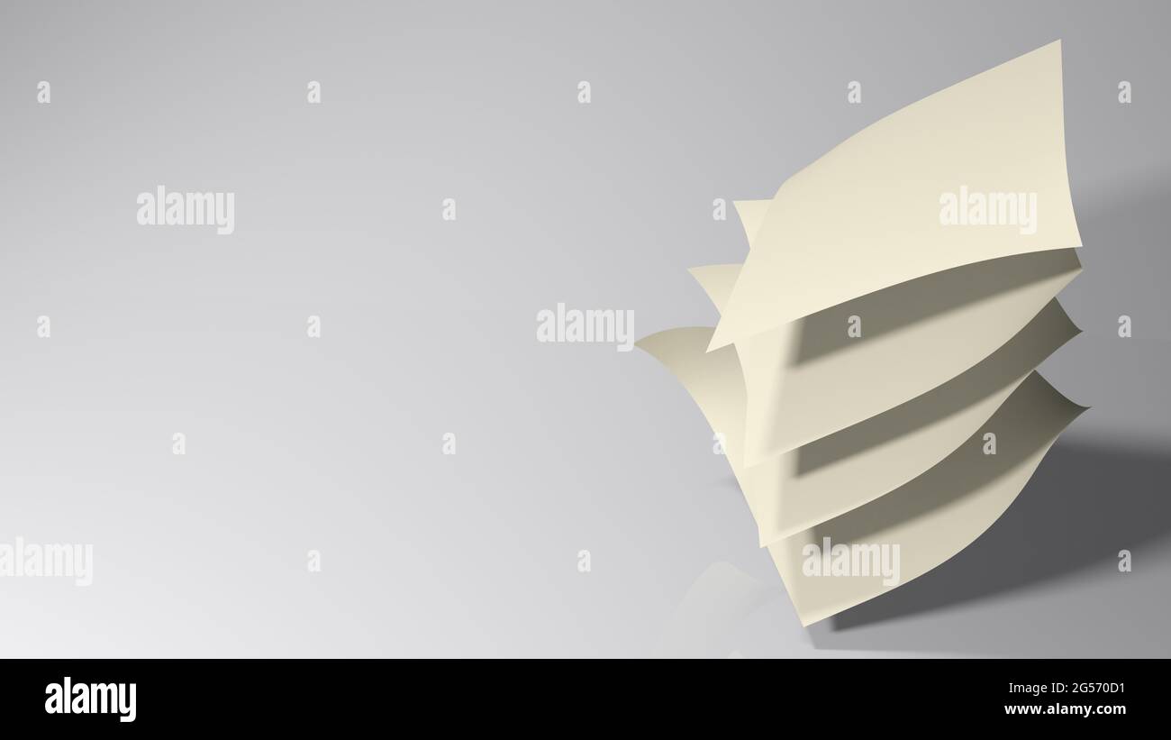 Sheets of paper falling over a white desk - 3D rendering illustration ...