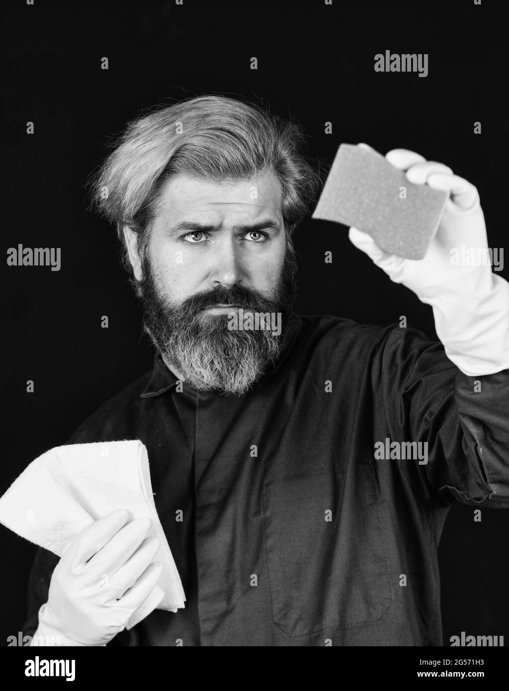 Duty and cleaner. male using sponge. Take care hygiene. bearded man in ...