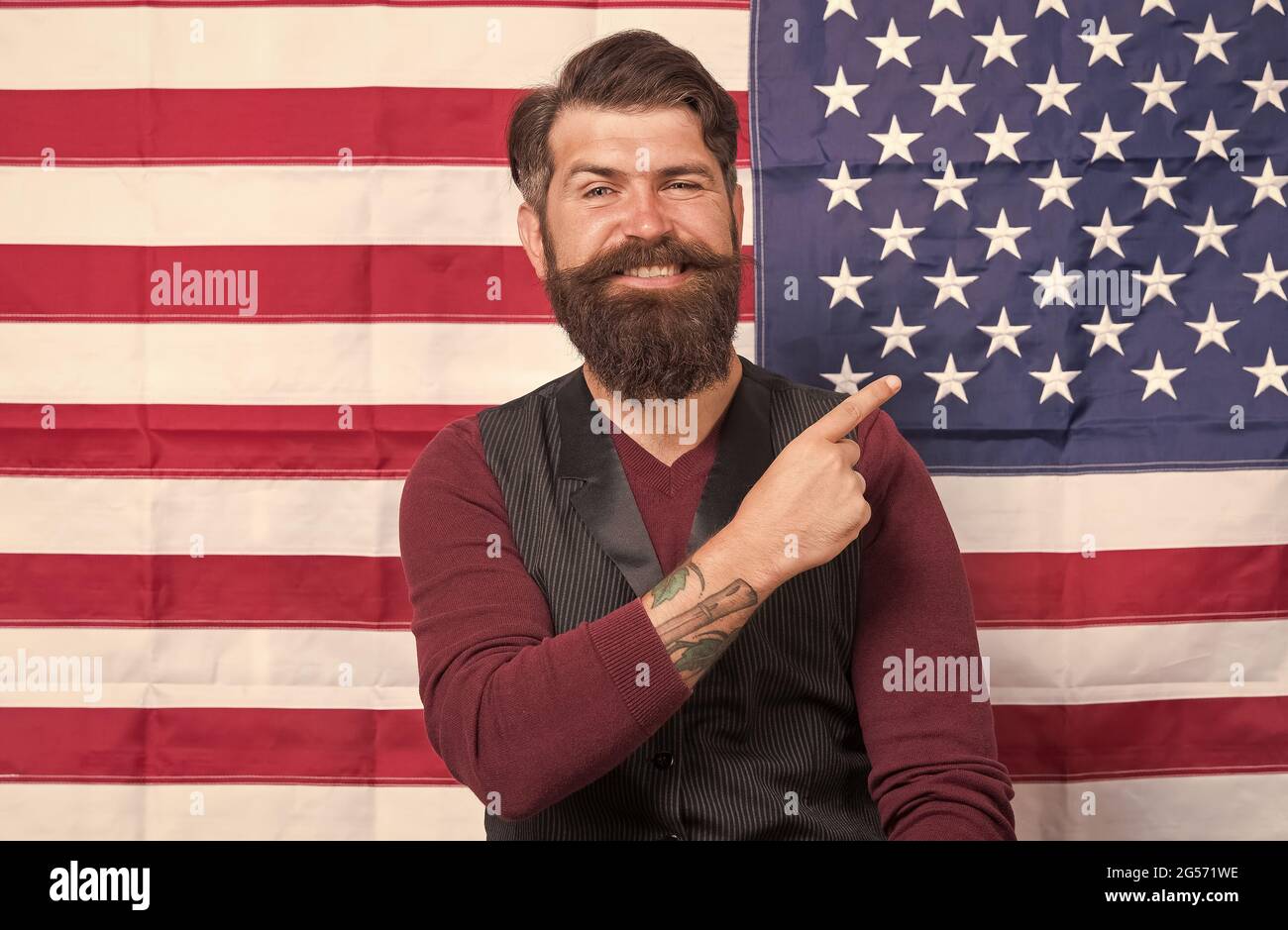 Man with beard and mustache USA flag background, promoting american ...