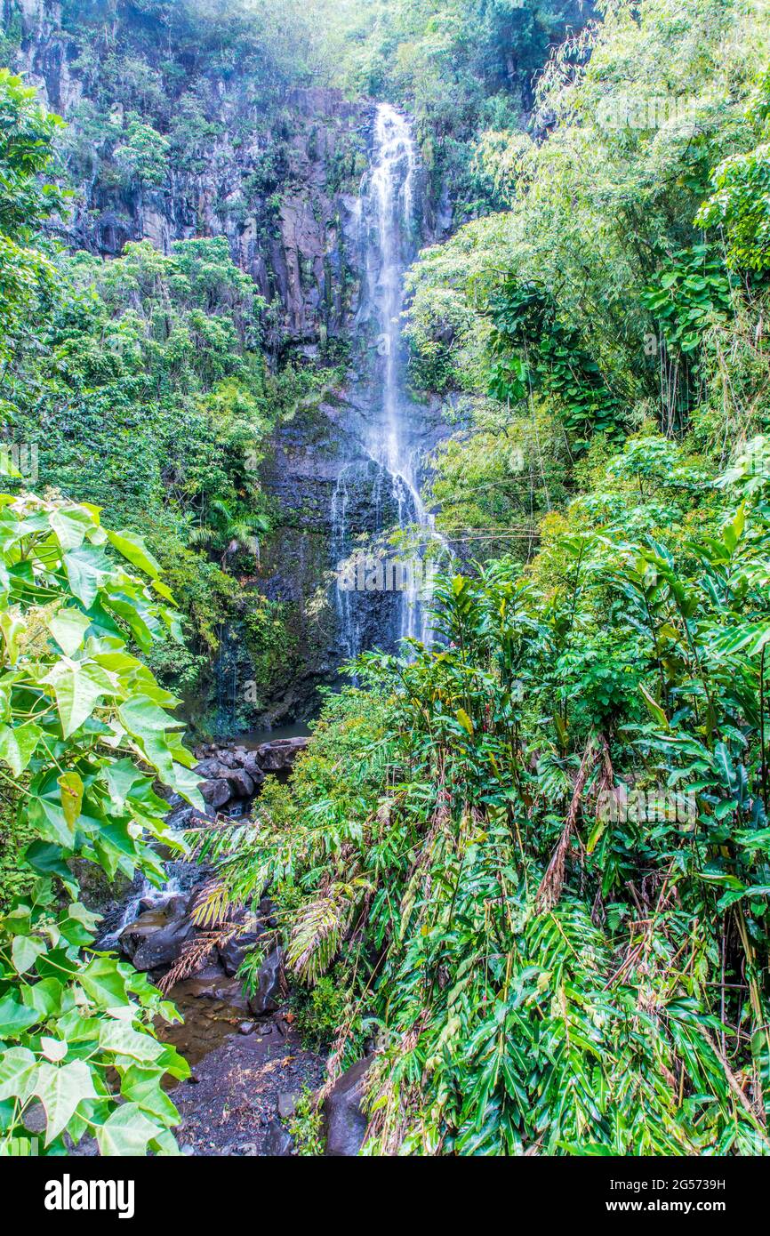 Road to Hana: Wailua Falls located just past mile marker 45 at Honolewa ...