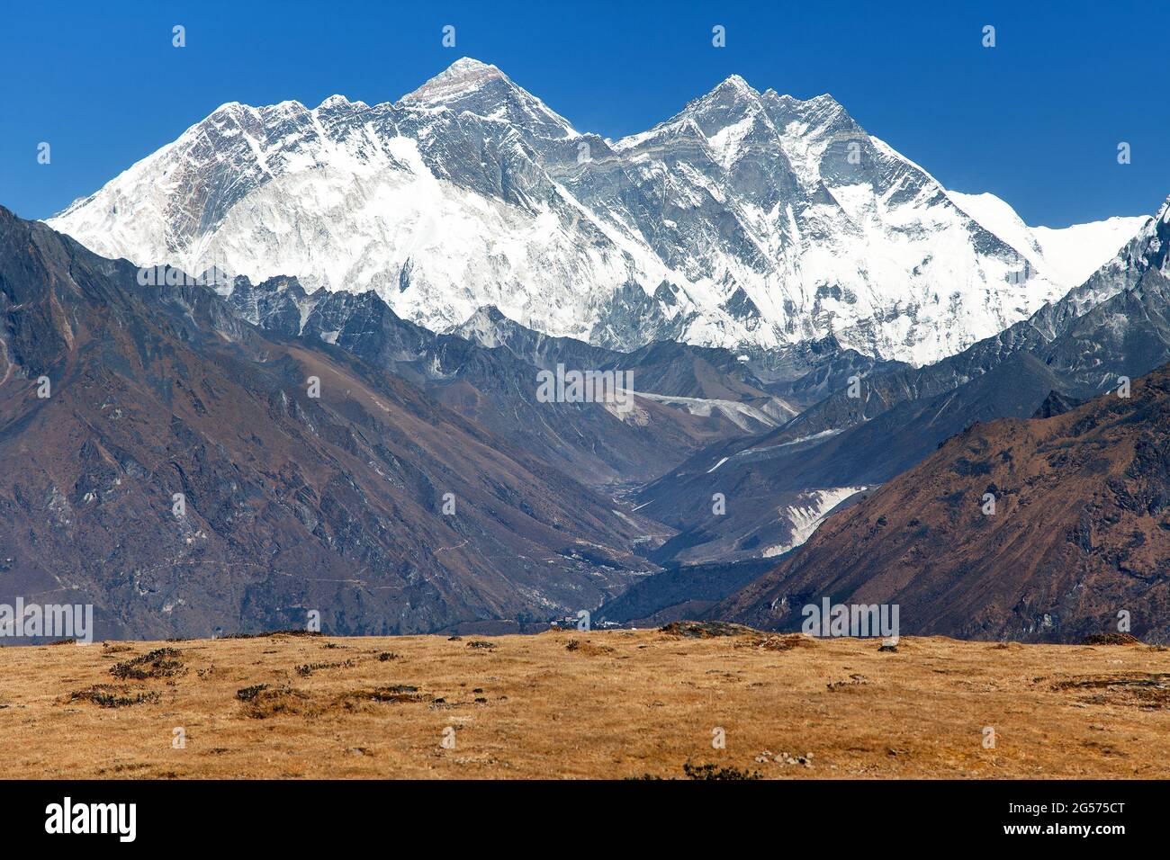 view of Mount Everest, Nuptse rock face, Mount Lhotse and Lhotse Shar ...