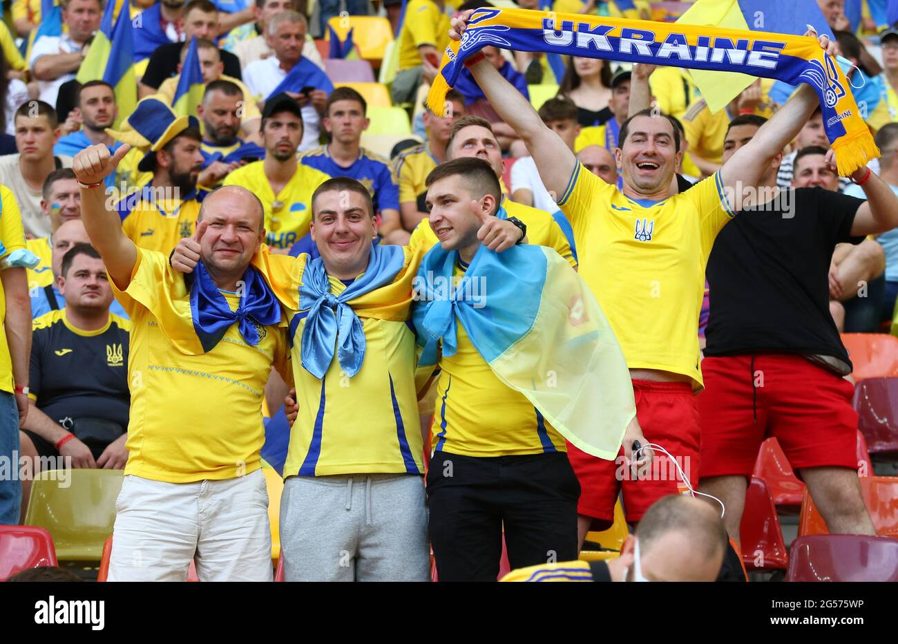 BUCHAREST, ROMANIA - JUNE 21, 2021: Ukrainian fans show their support ...