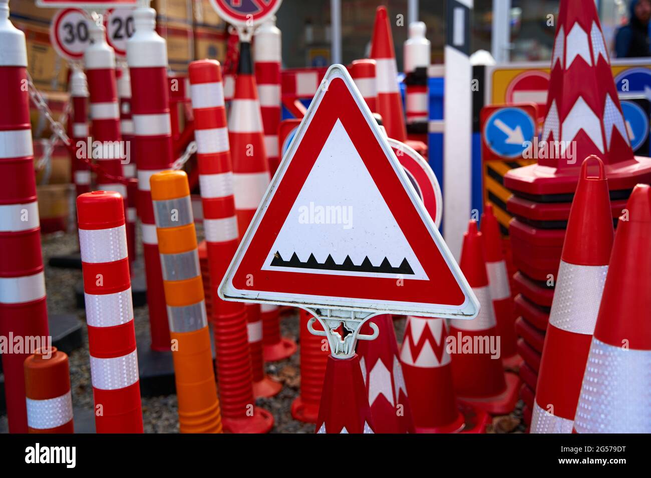 Shop of warning and restrictive road signs. Sign warning about a road ...