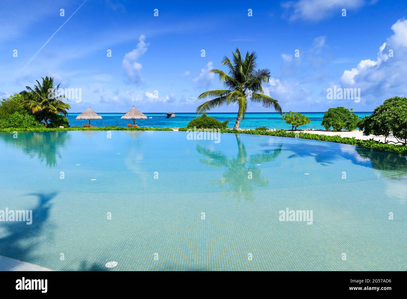 Infinity pool near beach, South Ari Atoll, Maldives Stock Photo - Alamy