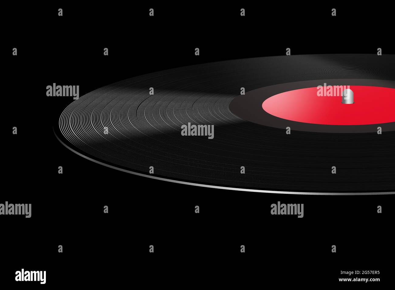 A black vinyl 33 1/3 rpm record album with a red label is seen in this ...
