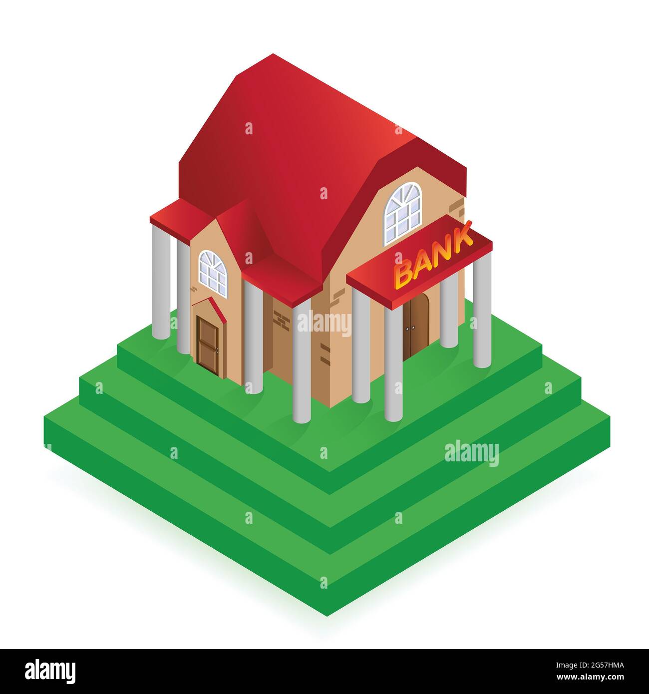 Isometric illustration of a bank with a red roof on a white background ...