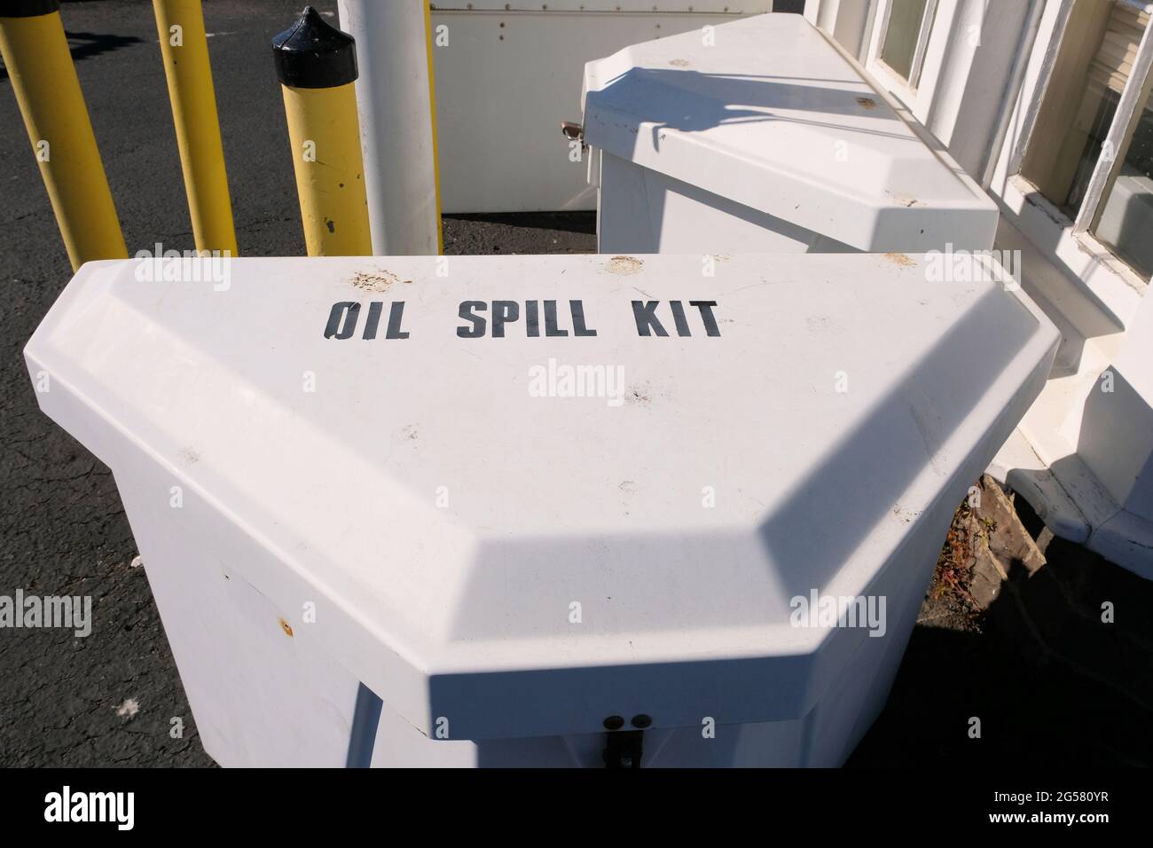 Oil spill kit box or container at the Marina District in San Francisco ...