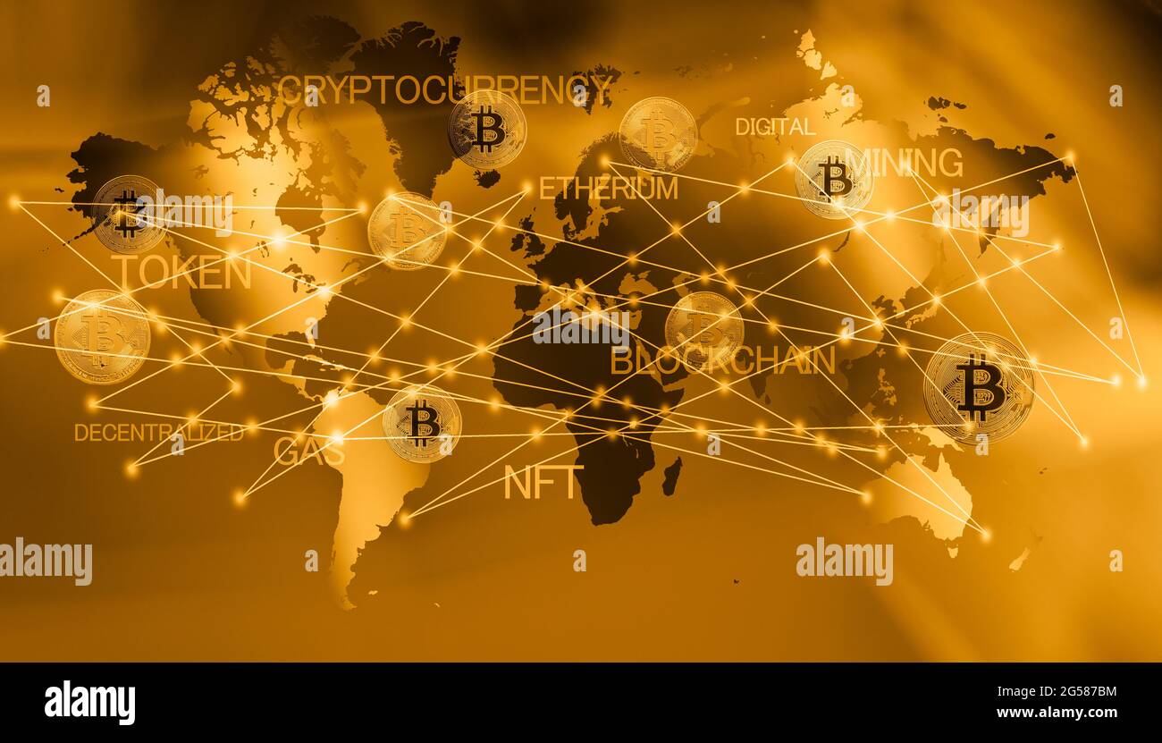 World map with bitcoins, cgi Stock Photo - Alamy