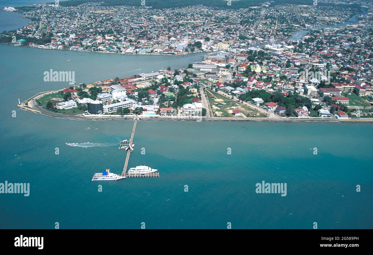 Belize, Belize City, Aerial view of coastal city and sea Stock Photo ...