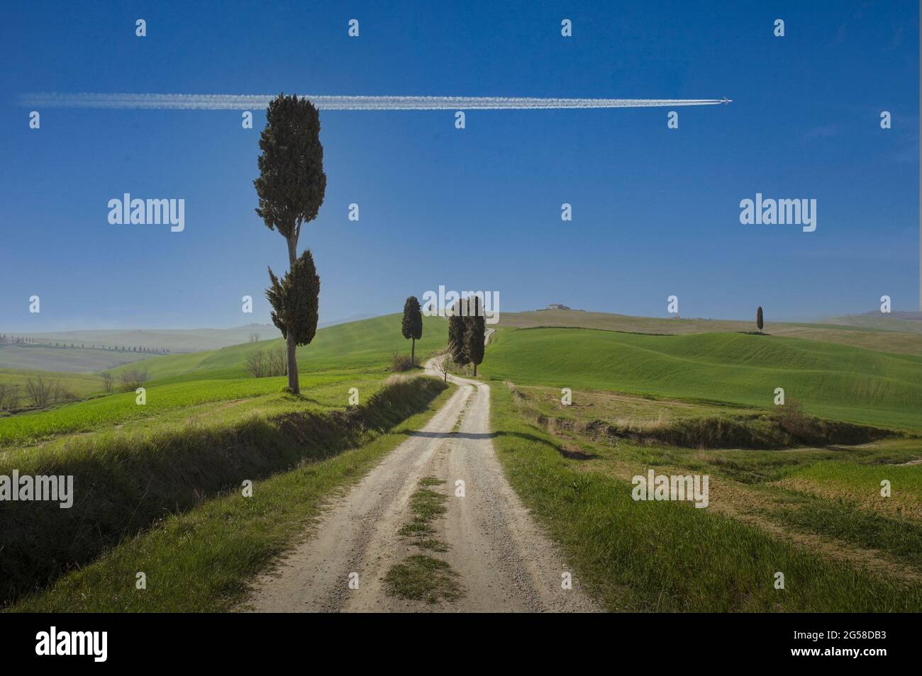 Italy, Tuscany, Val D'Orcia, Airplane flying over dirt road among ...