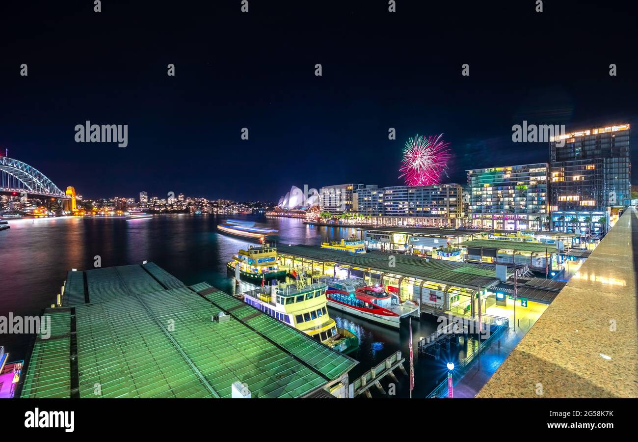 Panoramic night view of Sydney Harbour and City Skyline of circular ...