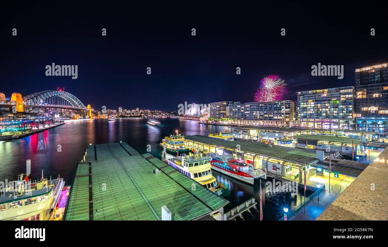 Panoramic night view of Sydney Harbour and City Skyline of circular ...