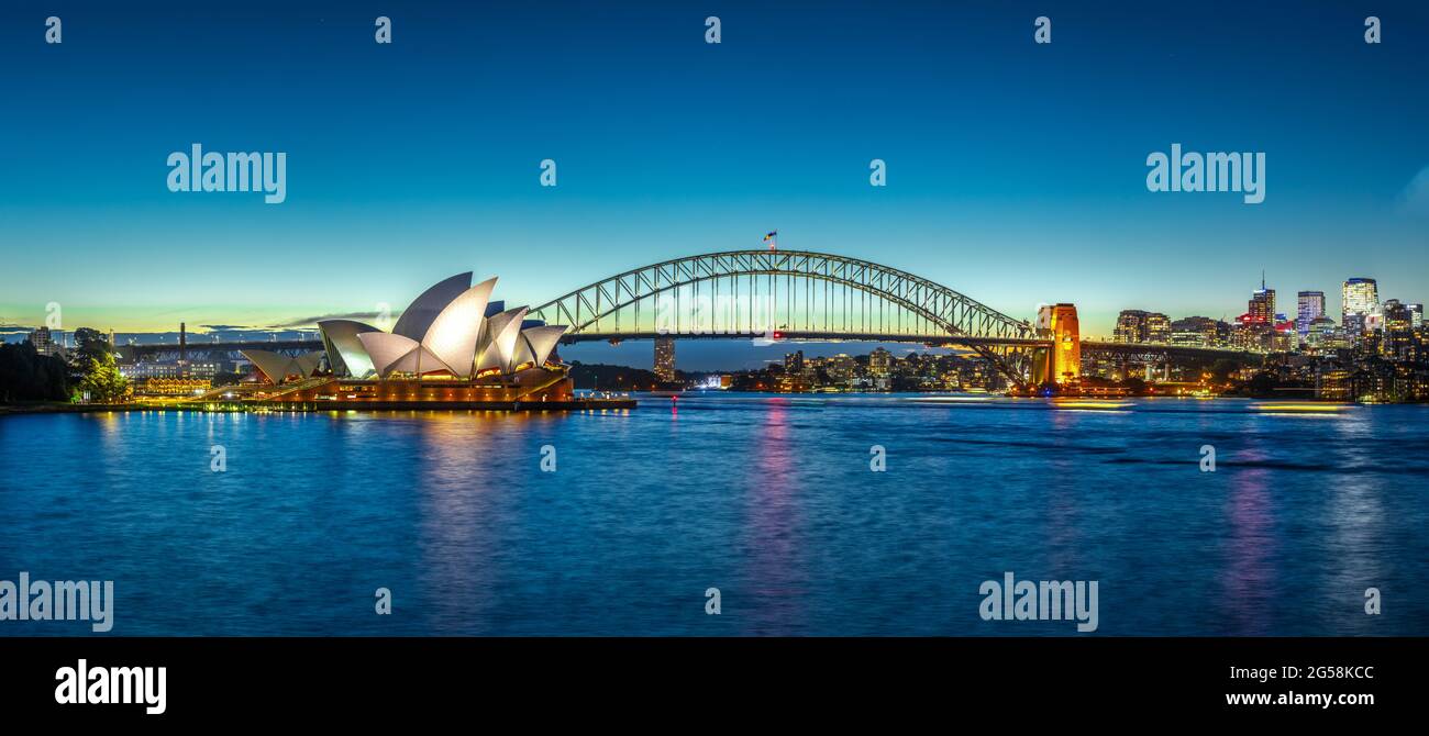 Panorama night view of Sydney Harbour and City Skyline of NSW Australia ...