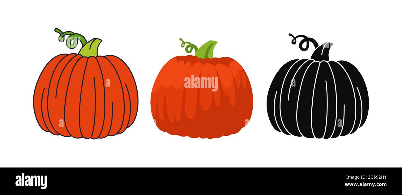 Pumpkin flat cartoon set line doodle icon, black glyph style. Ripe ...