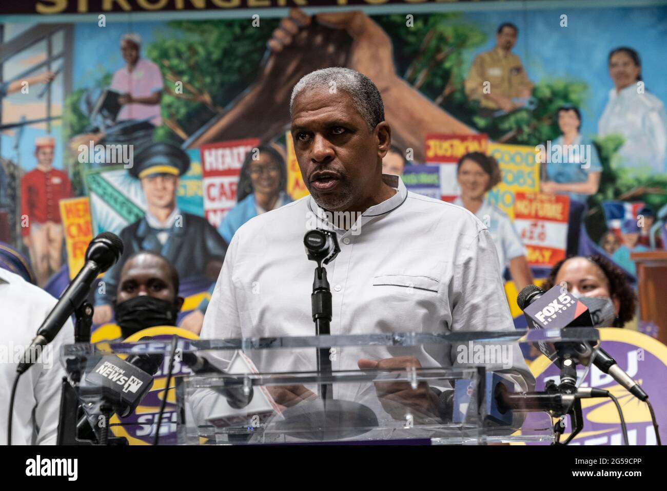 New York, NY - June 25, 2021: 32BJ SEIU Union President Kyle Bragg ...